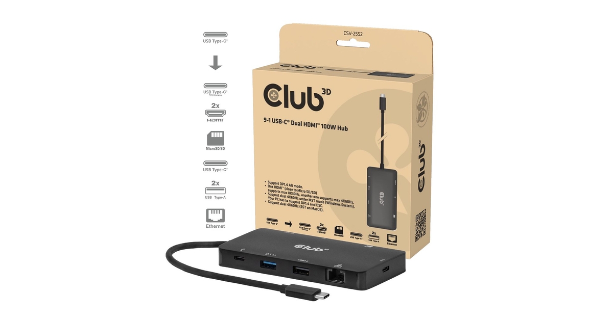 Docking Station Club 3D USB-C 9in1 >2xHDMI/2xUSB/USB-C/LAN 4K60Hz ...